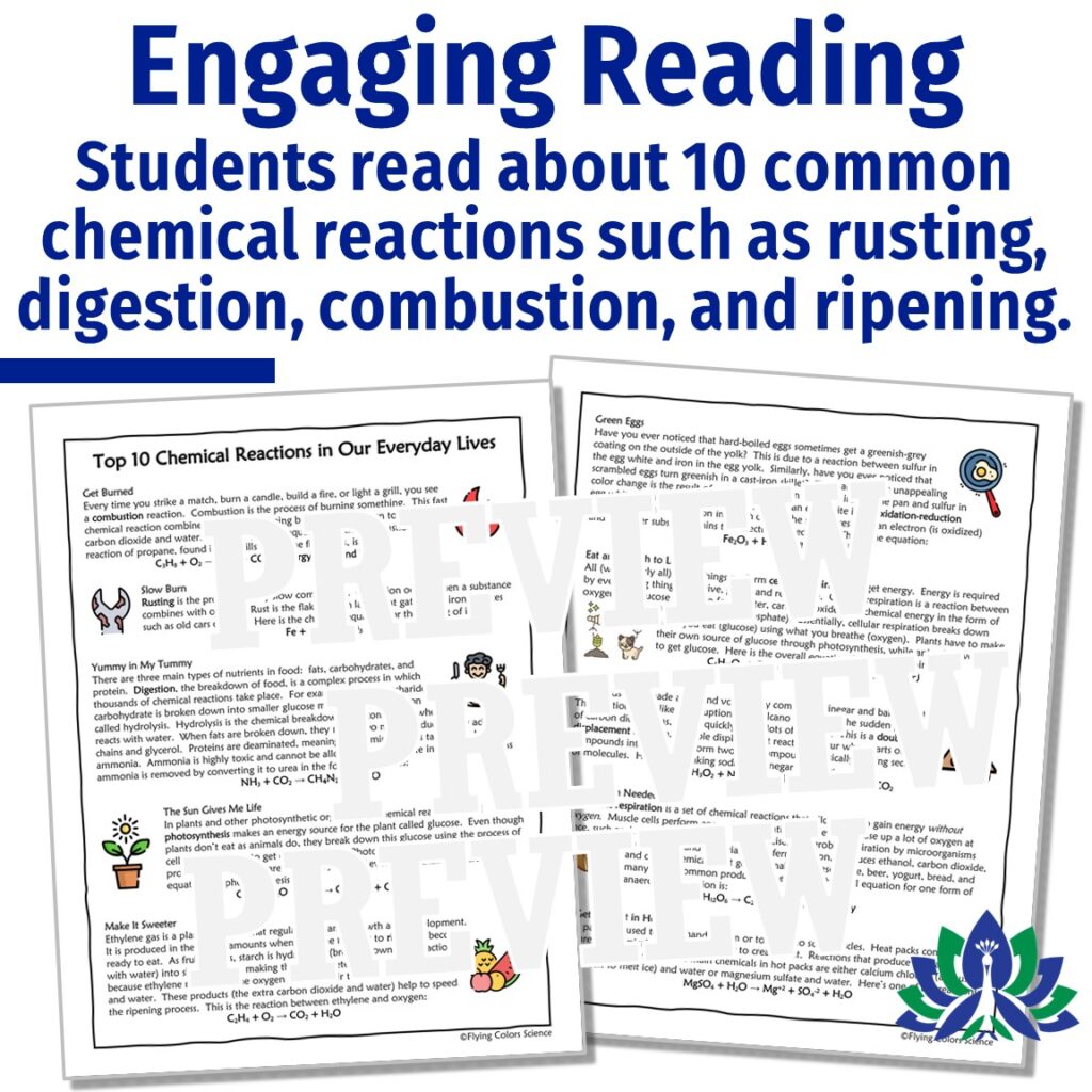 Everyday Chemical Reactions Reading and Worksheet - Flying Colors Science