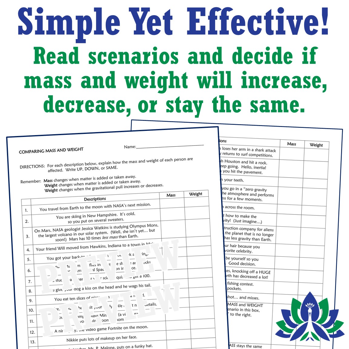 Mass and Weight Comparison Worksheet - Flying Colors Science