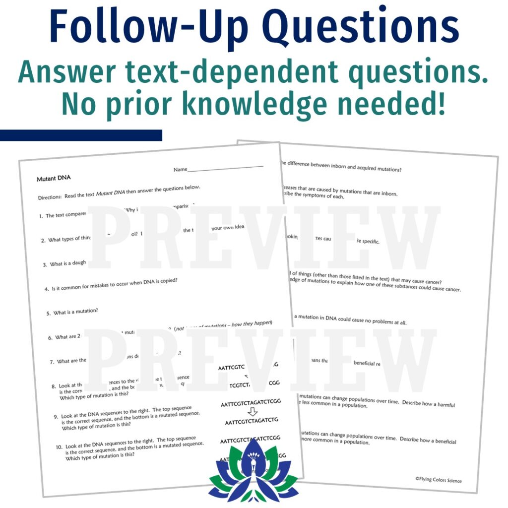 DNA Mutations Reading and Worksheet - Flying Colors Science