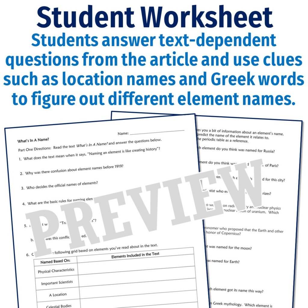 Naming Elements Reading and Worksheet - Flying Colors Science