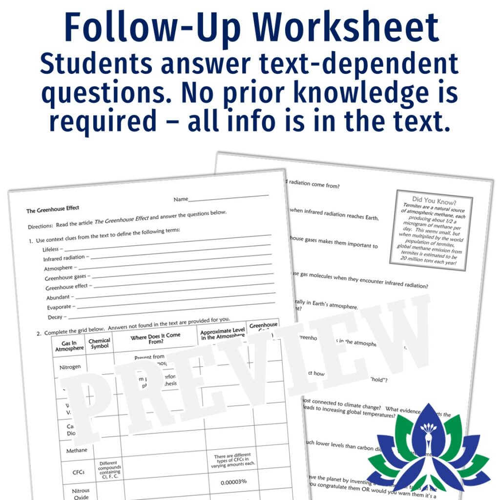 Greenhouse Effect Reading and Worksheet - Flying Colors Science