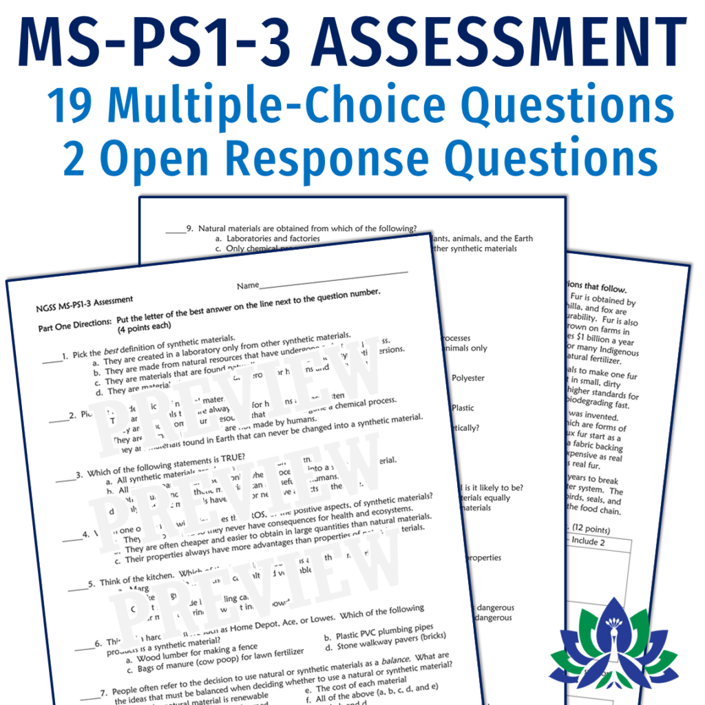 Natural Resources and Synthetic Materials: NGSS MS-PS1-3 Test - Flying ...
