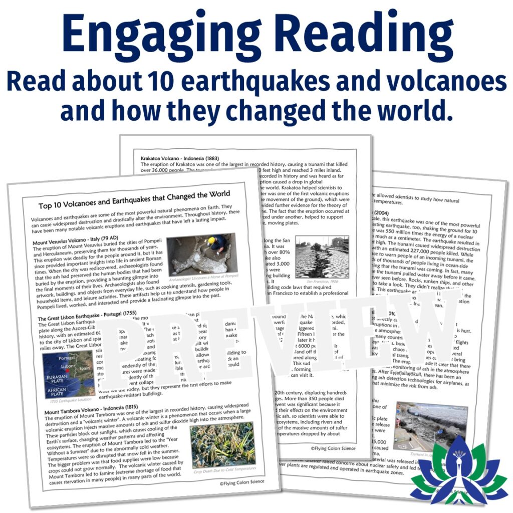 Famous Earthquakes and Volcanoes Reading and Worksheet - Flying Colors ...