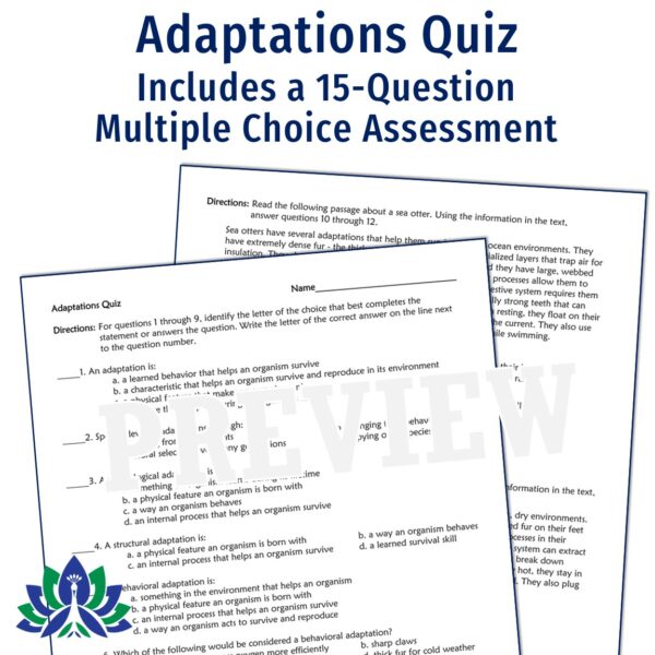 Adaptations Notes and Quiz - Flying Colors Science