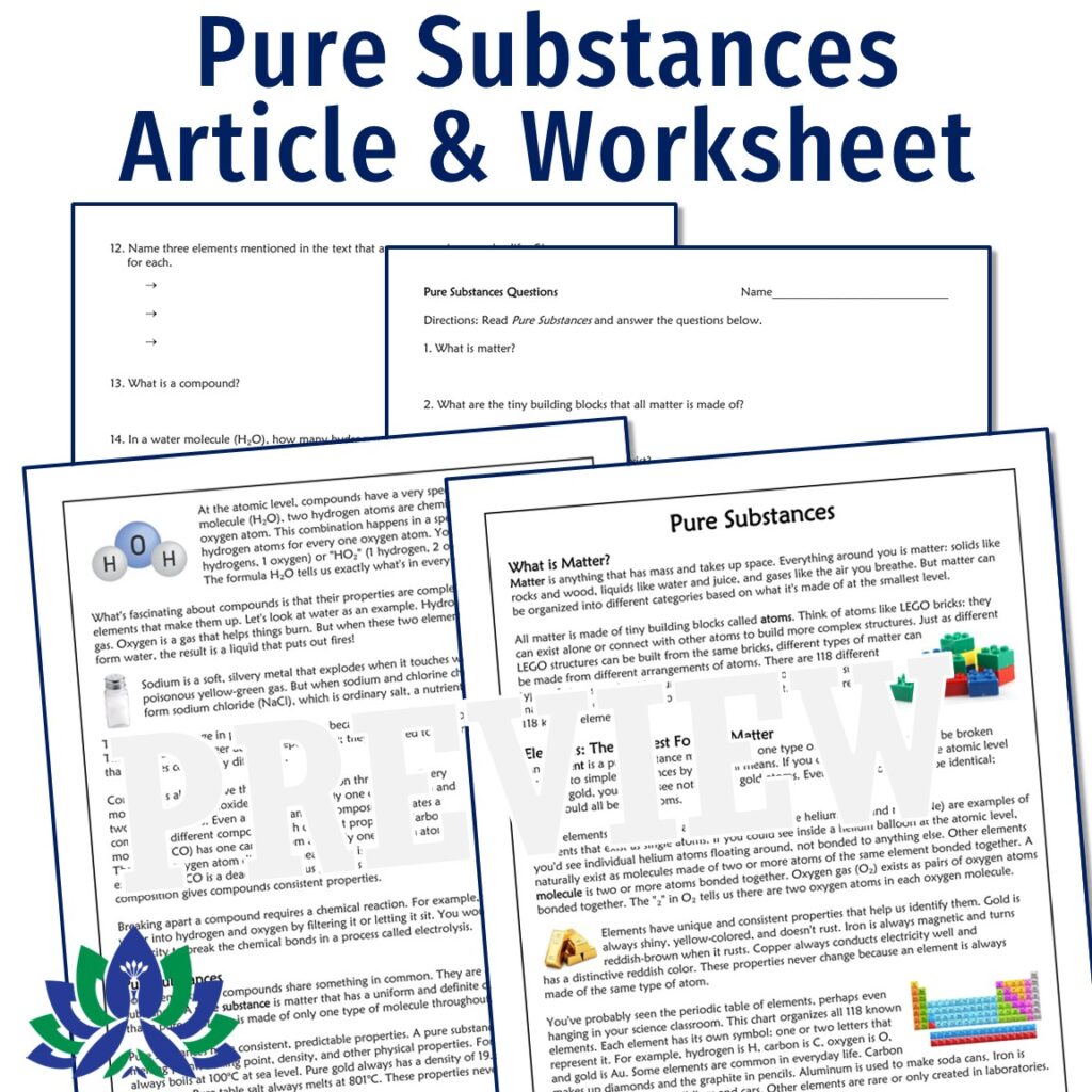 Pure Substances and Mixtures Reading and Worksheets - Flying Colors Science