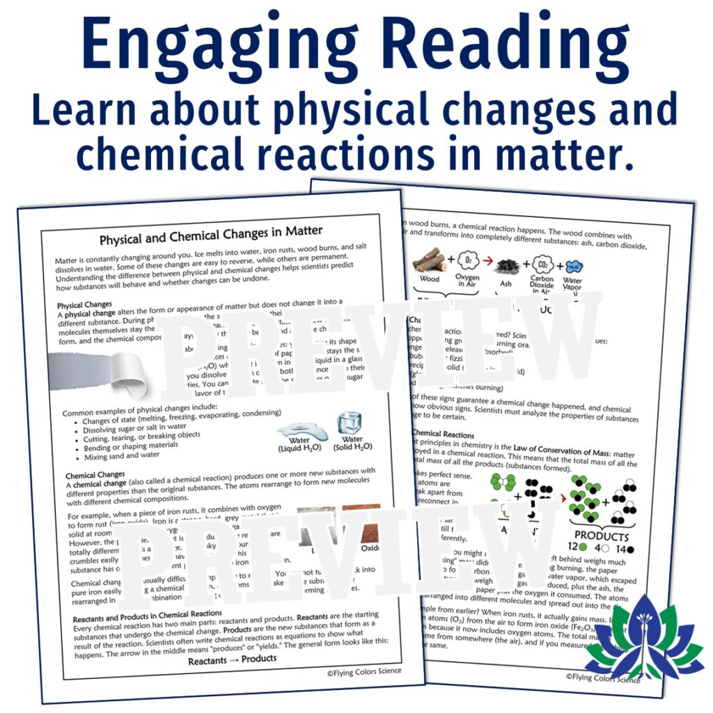 Physical and Chemical Changes Reading and Worksheet - Flying Colors Science