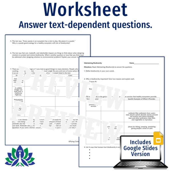 Maintaining Biodiversity Reading and Worksheet - Flying Colors Science