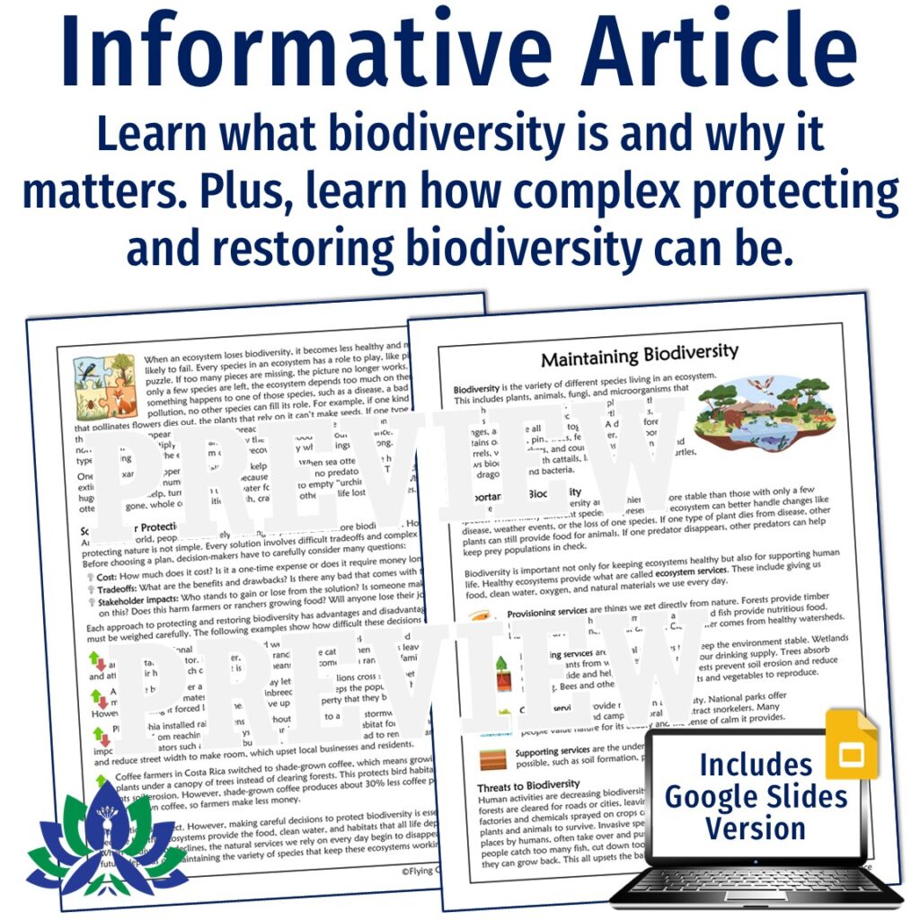 Maintaining Biodiversity Reading and Worksheet - Flying Colors Science